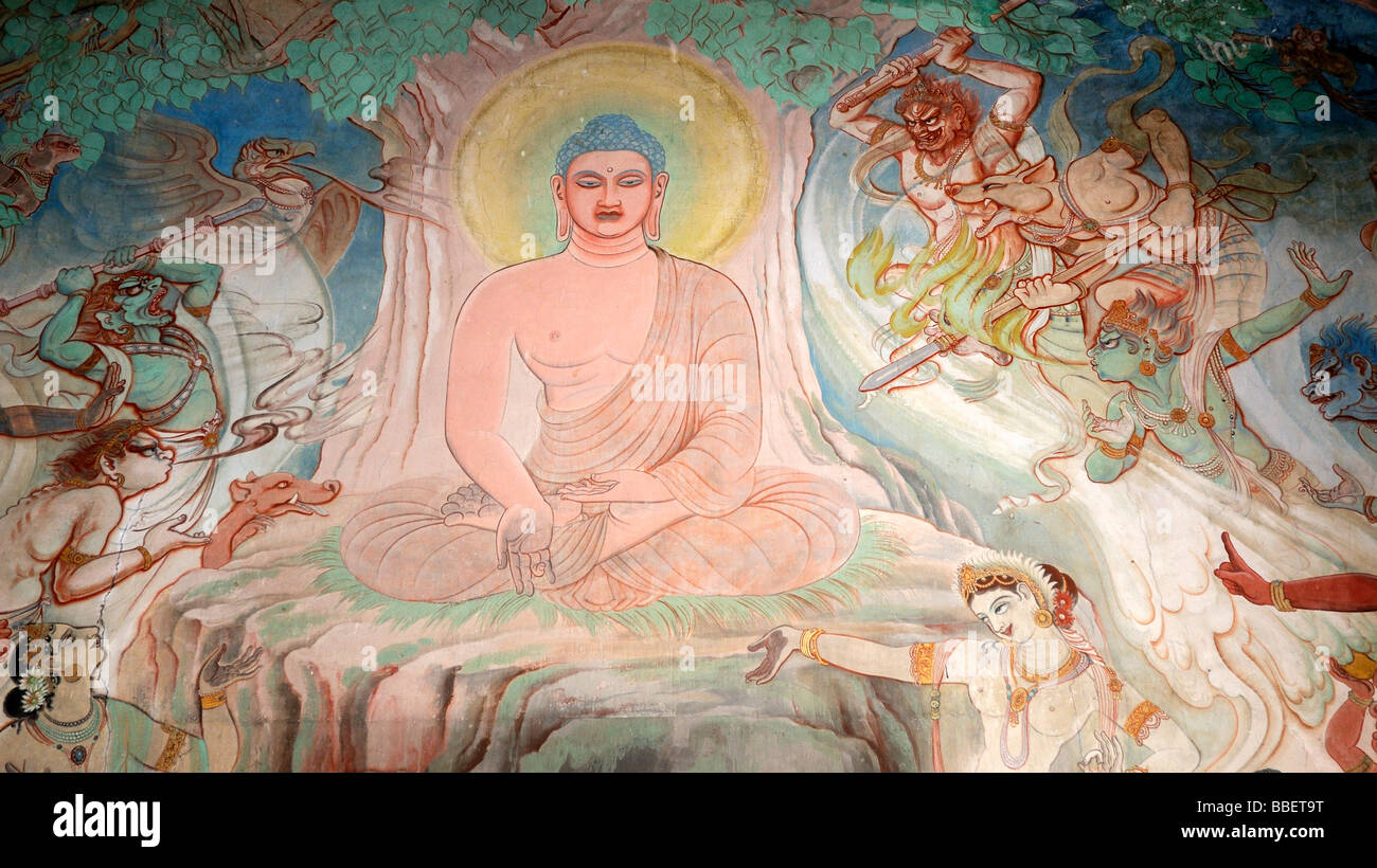 Mural of the Buddha in Mulagandhakuti Vihara, Buddhist temple, at ...
