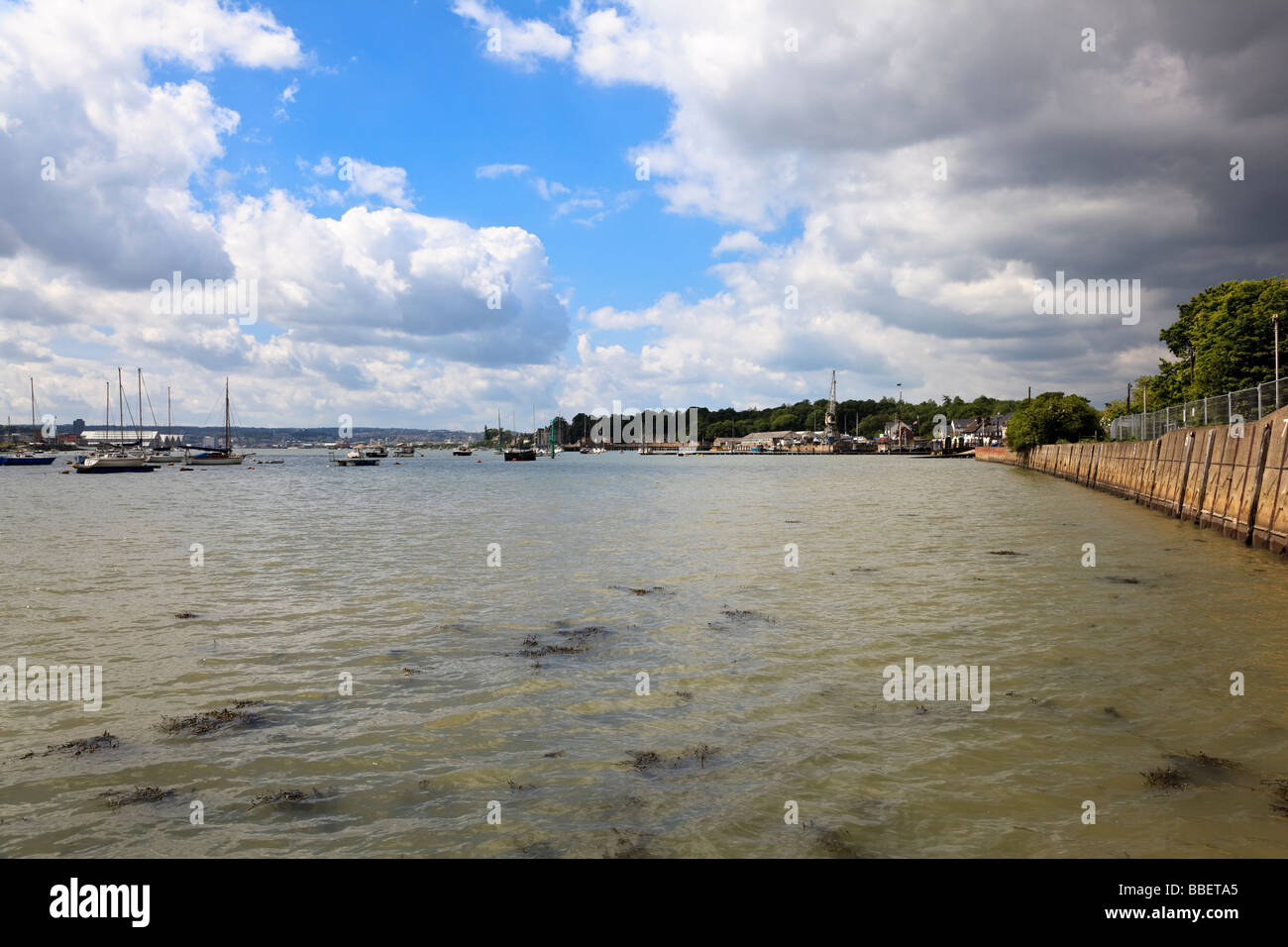 A view from Upnor of the River Medway with Upnor Castle sunlit and ...