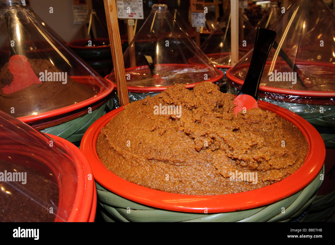 Different kinds of miso on sale in Sano Miso shop, Tokyo Japan, May 25 ...