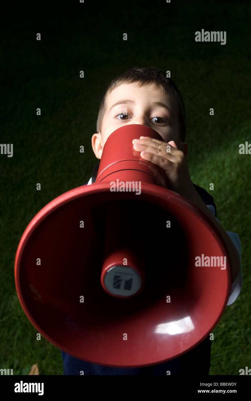 Little Boy Talking into a Megaphone Stock Photo - Alamy