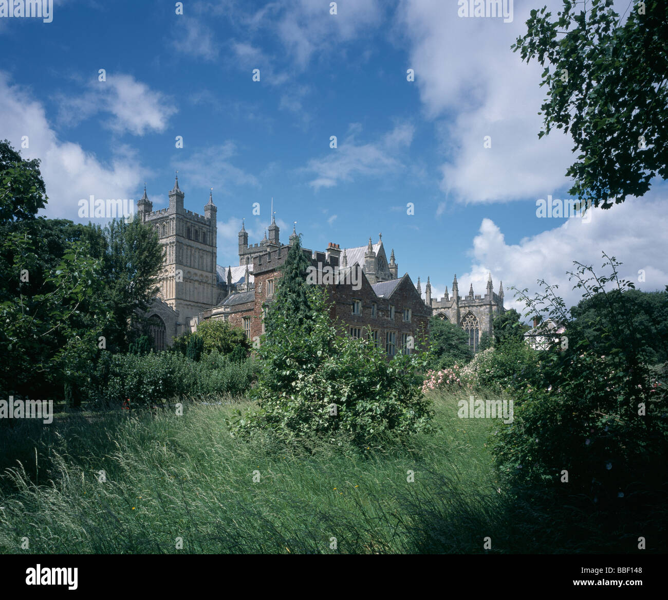 Exeter Cathedral Towers From Bishopric Garden Stock Photo - Alamy