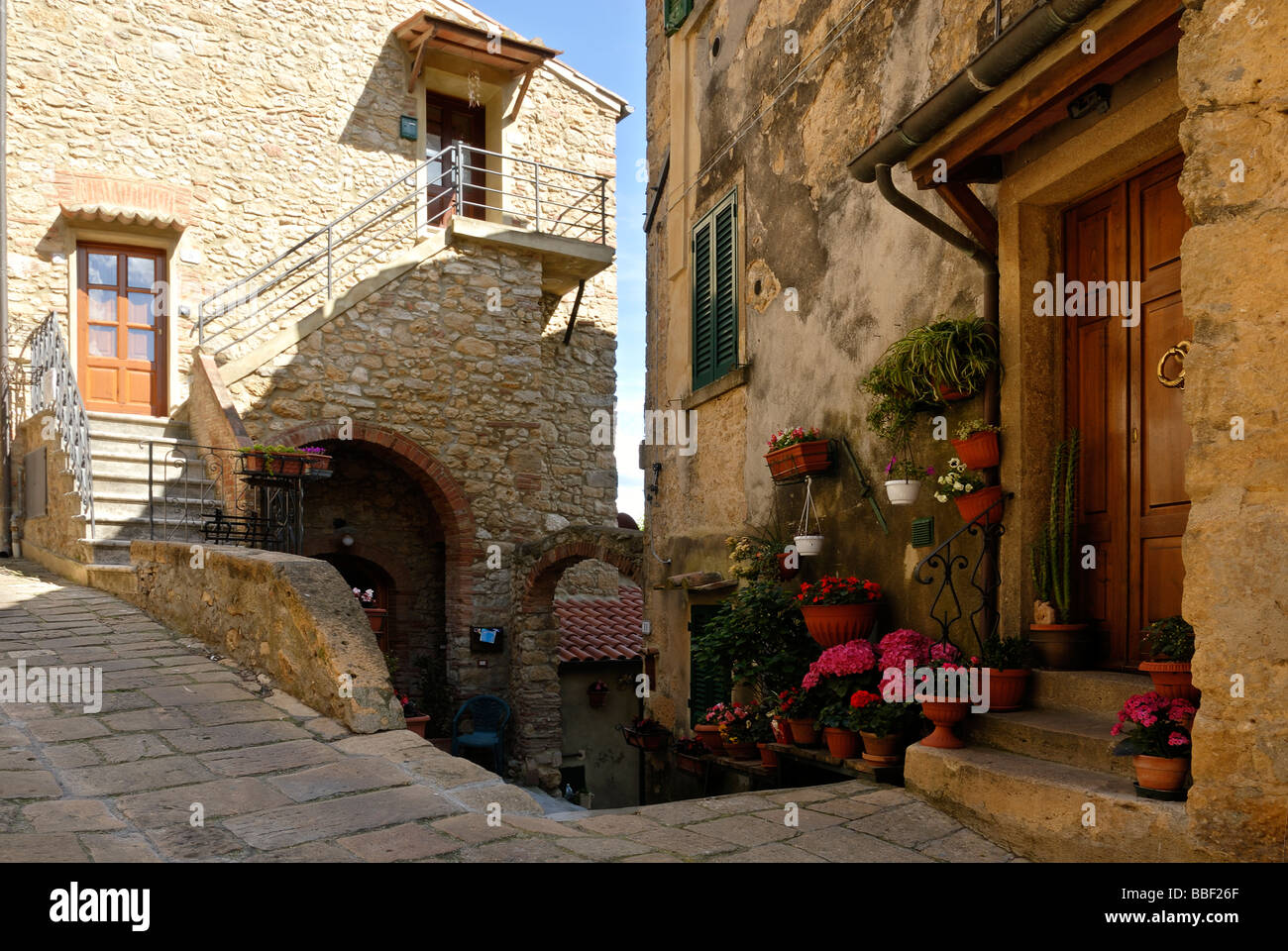 Tuscany (Toscana) Italy - building exterior with potted plants on the ...