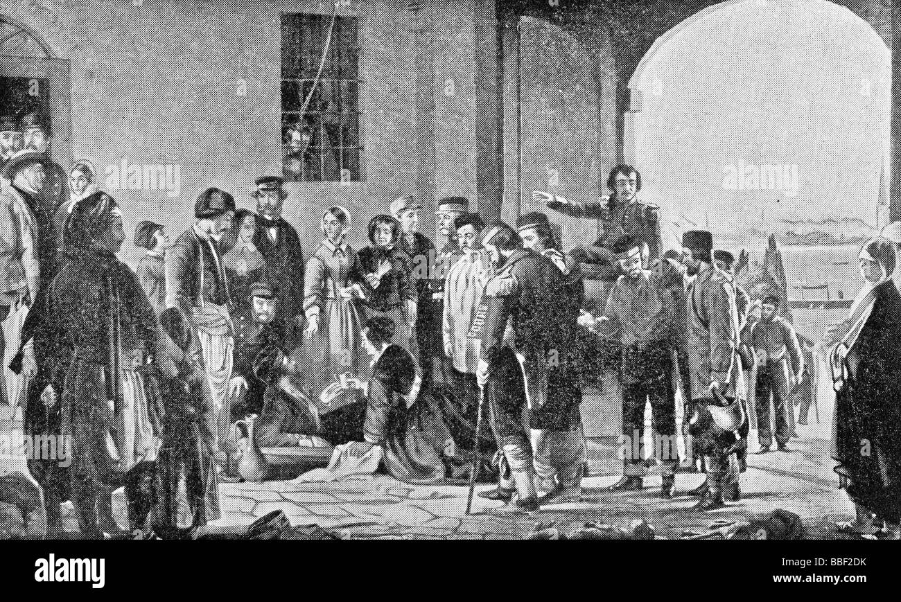 Florence Nightingale receiving wounded soldiers at the hospital at ...
