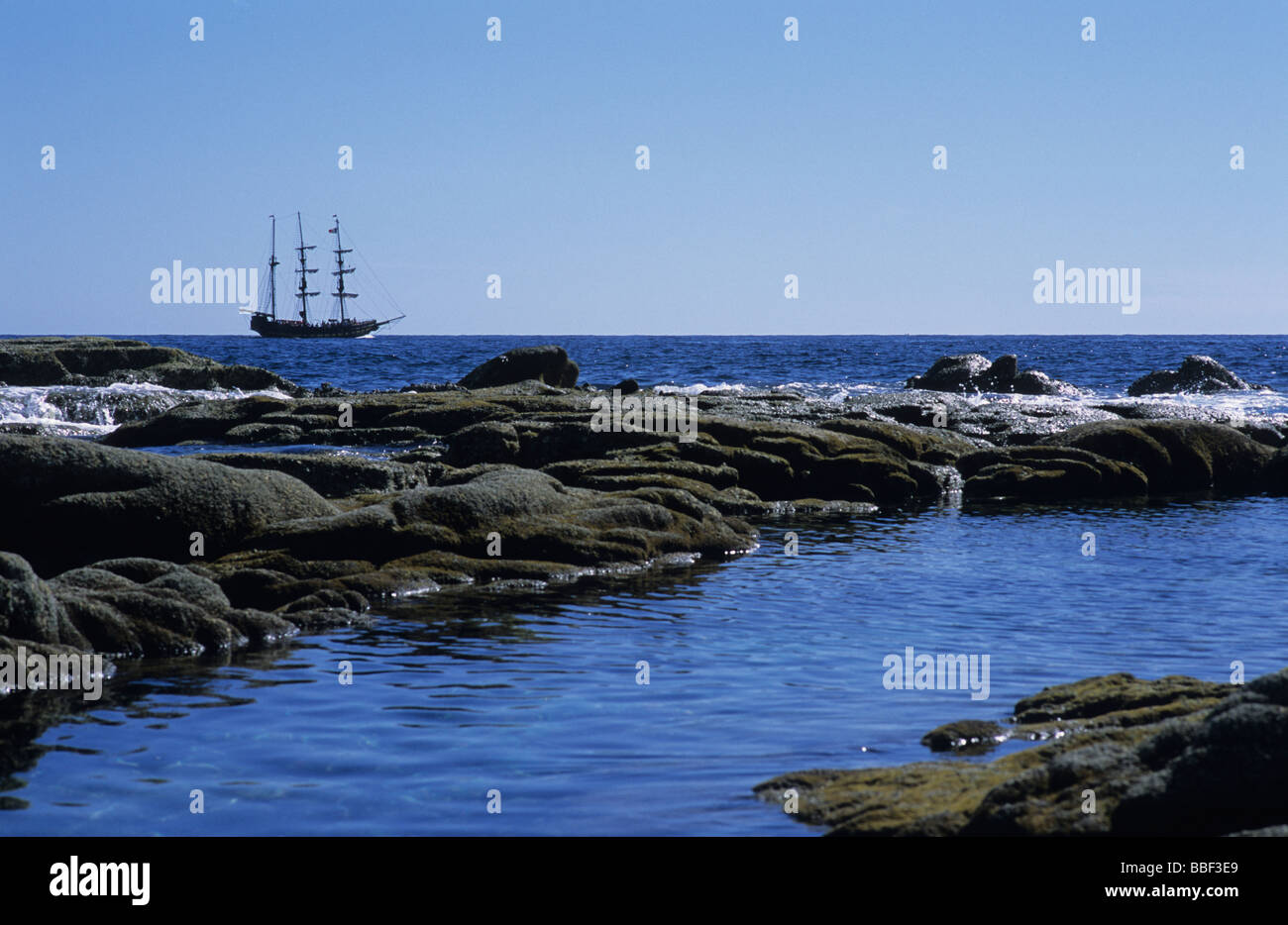 Large sailboat resembling pirate ship in Sea of Cortez off coast of ...