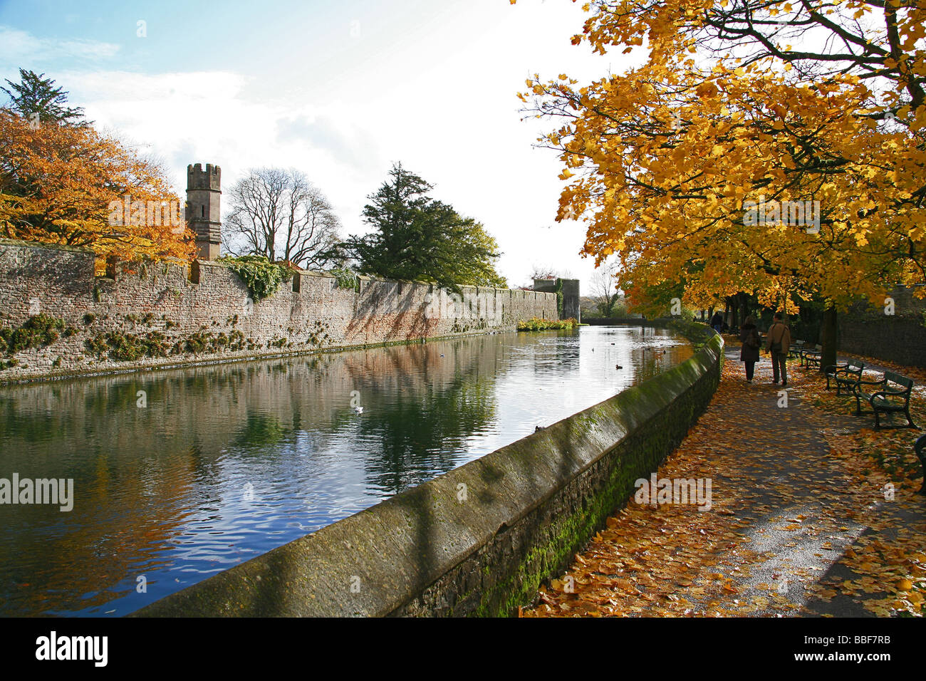 Autumn fall colour color around the Bishops Palace moat at Wells ...