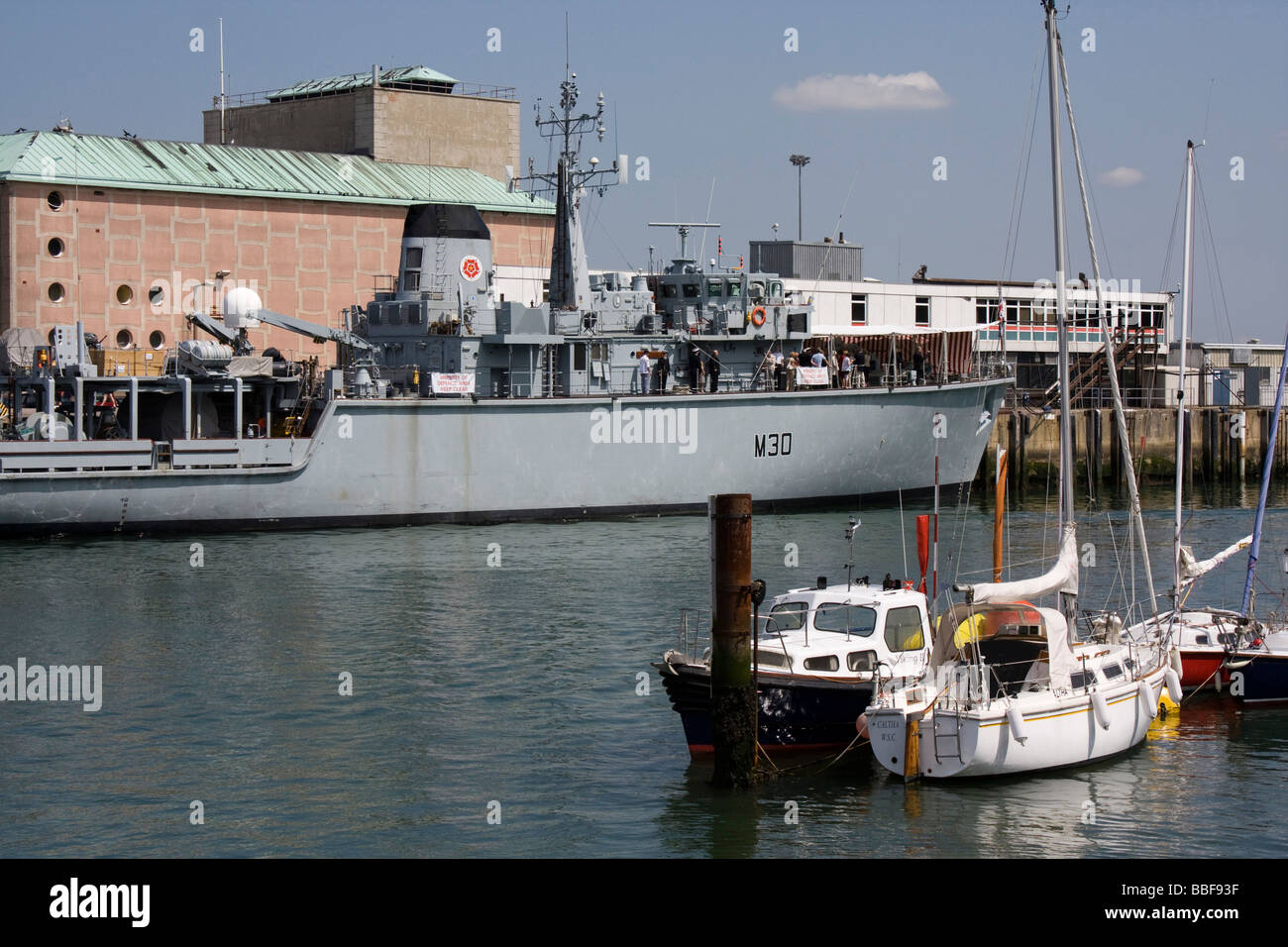 HMS Ledbury (M30) Hunt-class minesweeper of the Royal Navy berthed open ...