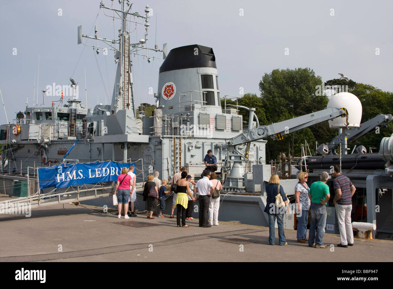 HMS Ledbury (M30) Hunt-class minesweeper of the Royal Navy berthed open ...
