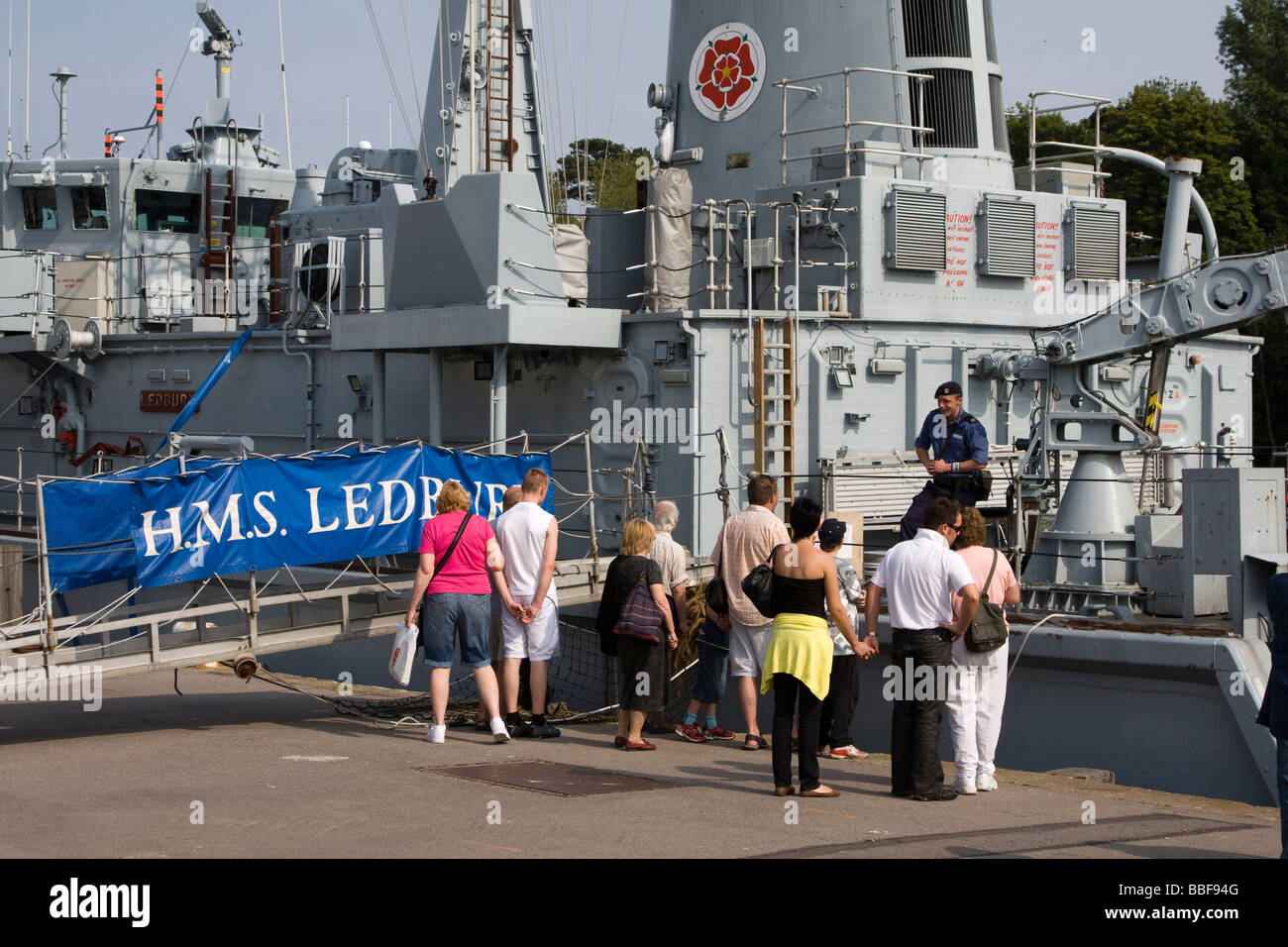 HMS Ledbury (M30) Hunt-class minesweeper of the Royal Navy berthed open ...