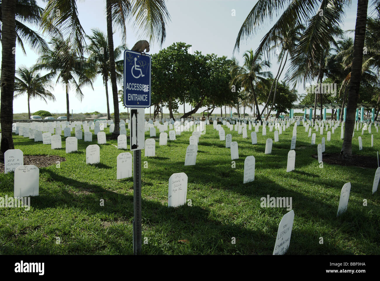 Symbolic Iraq War cemetery along the Ocean Drive in South Beach, Miami ...
