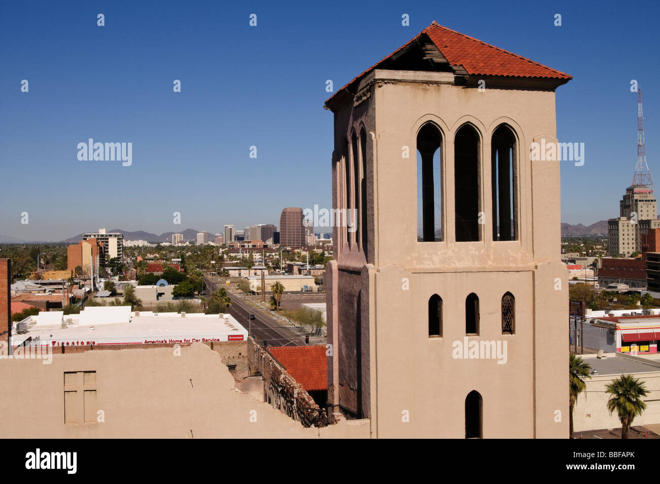 View of uptown Phoenix Arizona with First Baptist Church bell tower in ...