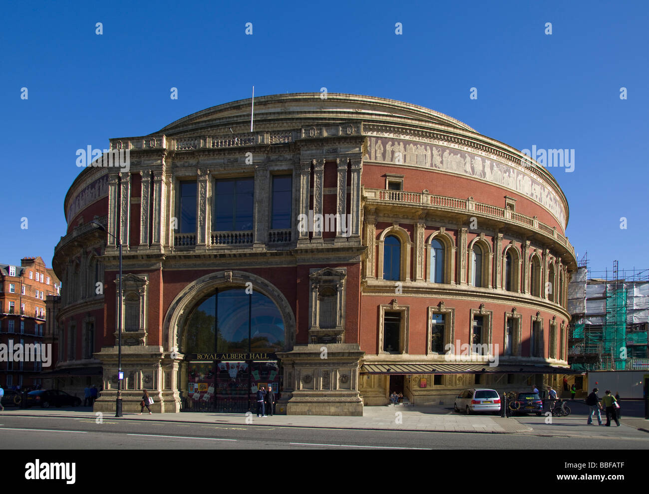 Royal Albert Hall, London England UK. Front entrance, blue sky, sunny ...