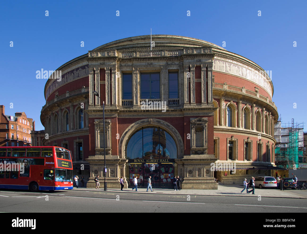 Royal Albert Hall, London England UK. Front entrance, blue sky, sunny ...
