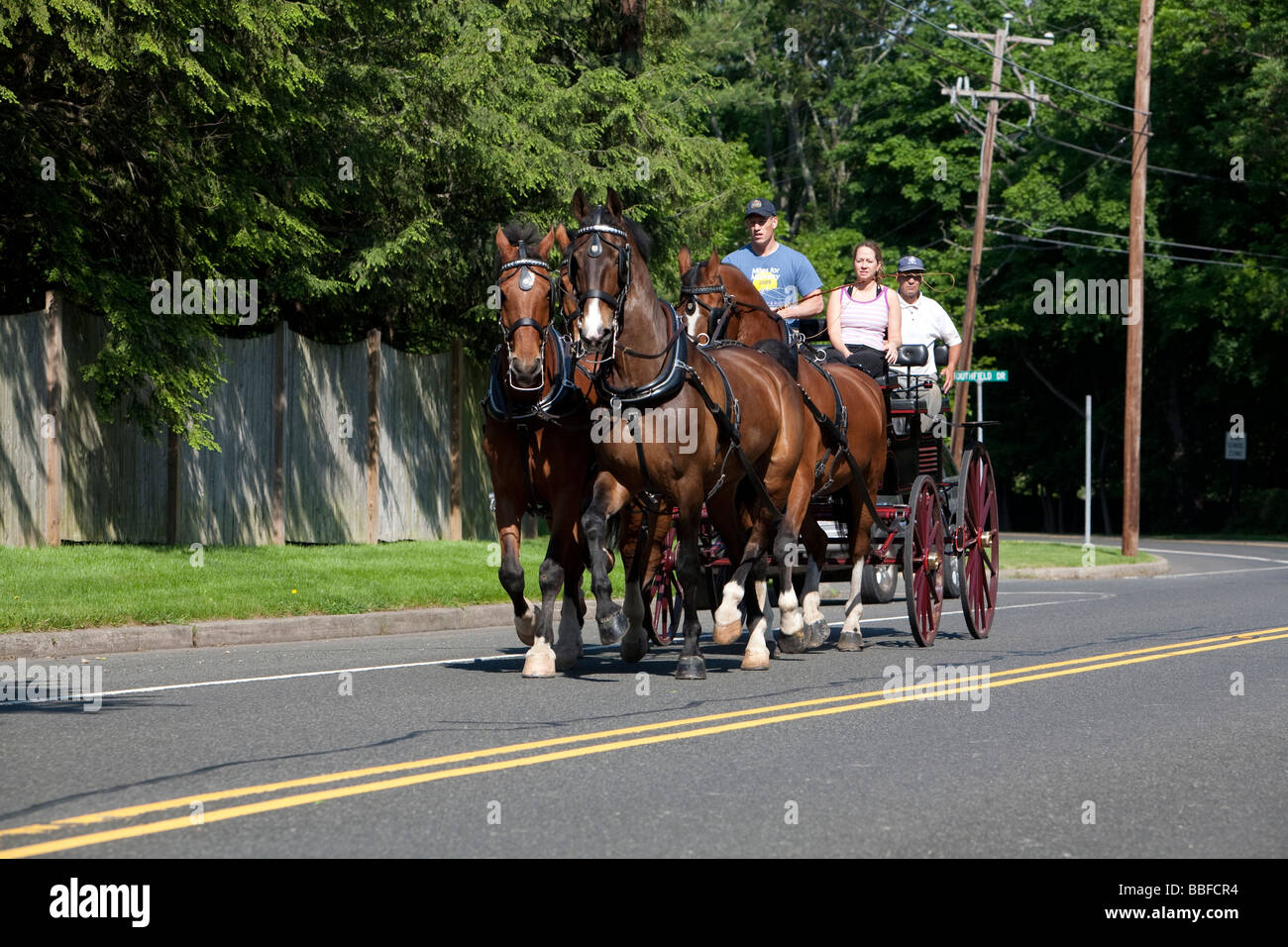 An open carriage with three people drawn by four horses Stock Photo - Alamy