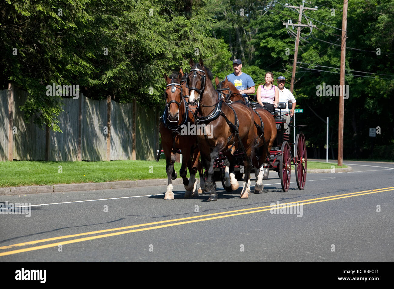 An open carriage with three people drawn by four horses Stock Photo - Alamy