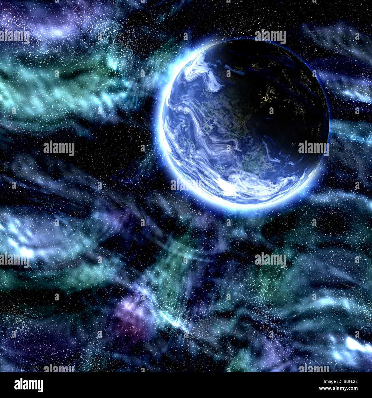 Science fiction planet complex space scene illustration Stock Photo - Alamy