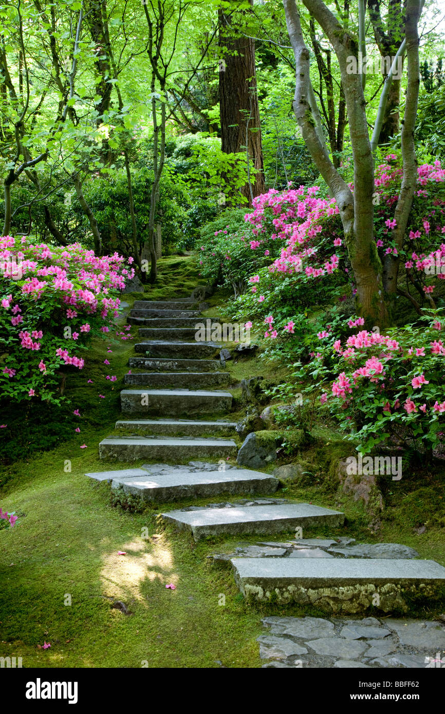 Meandering stairway through Japanese Garden in Portland Oregon USA ...