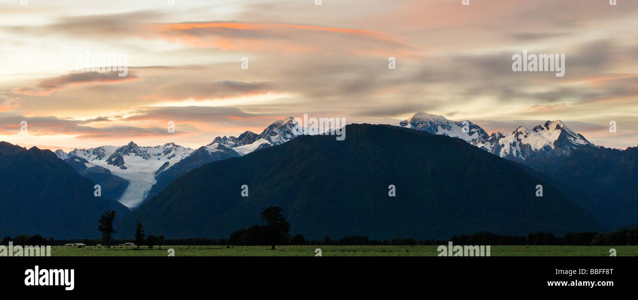 Fox Glacier and mount cook at dawn Stock Photo - Alamy
