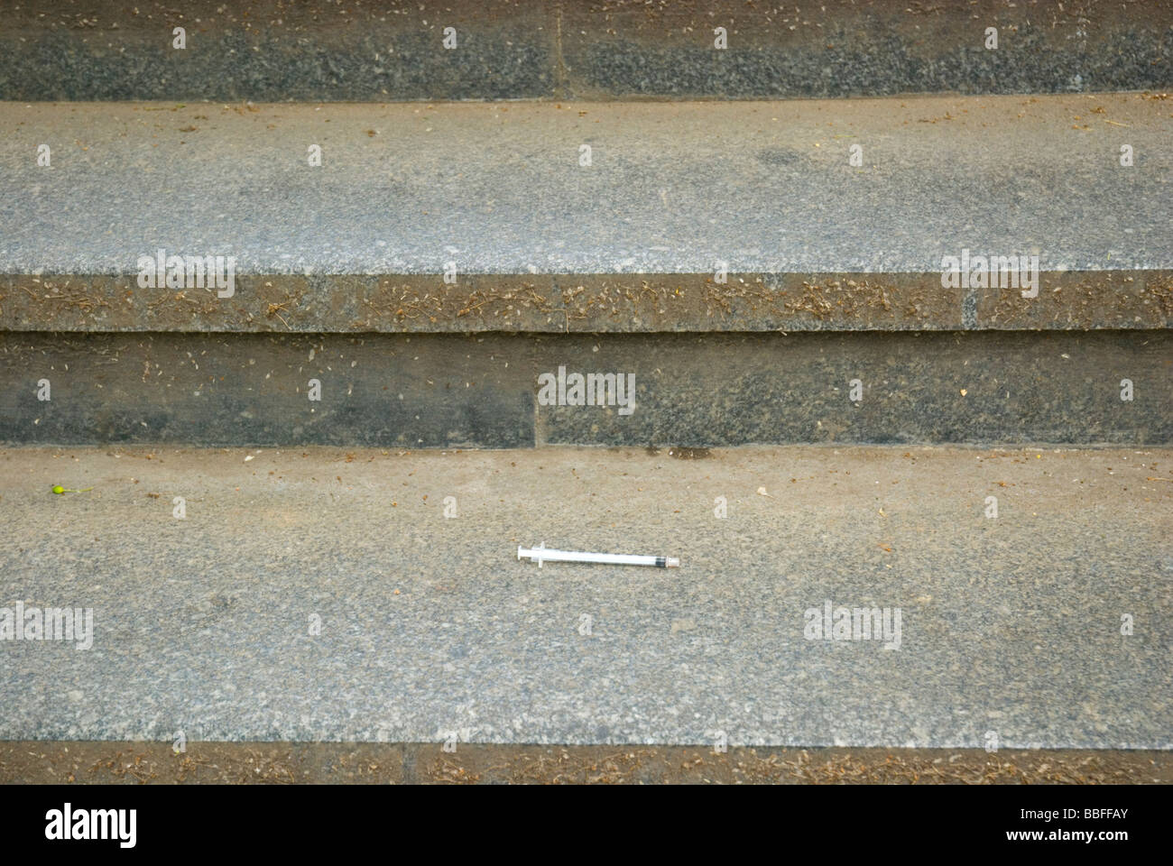 Used and discarded needle in Celakovskeho sady park in central Prague ...
