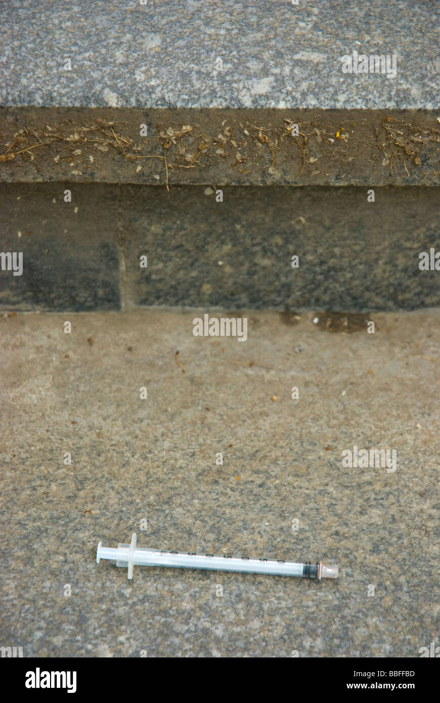 Used and discarded needle in Celakovskeho sady park in central Prague ...