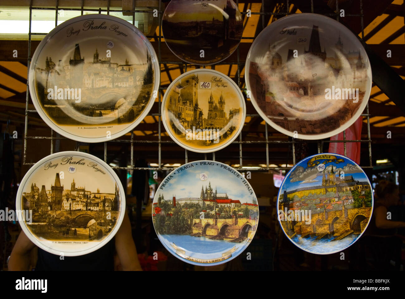 Souvenir plates at Havelska market in old town Prague Czech Republic ...