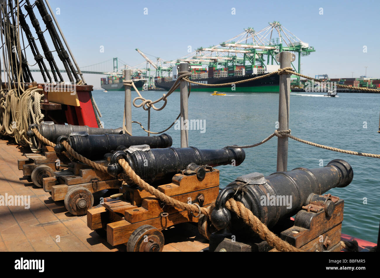 Detail view showing cannons on the deck of the replica of the famous ...