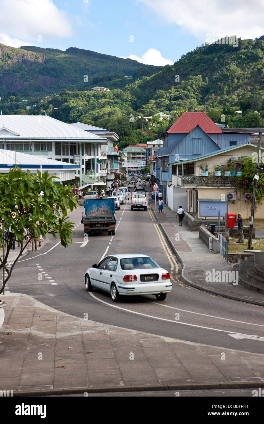 View of Albert Street, capital city Victoria, Mahe Island, Seychelles ...