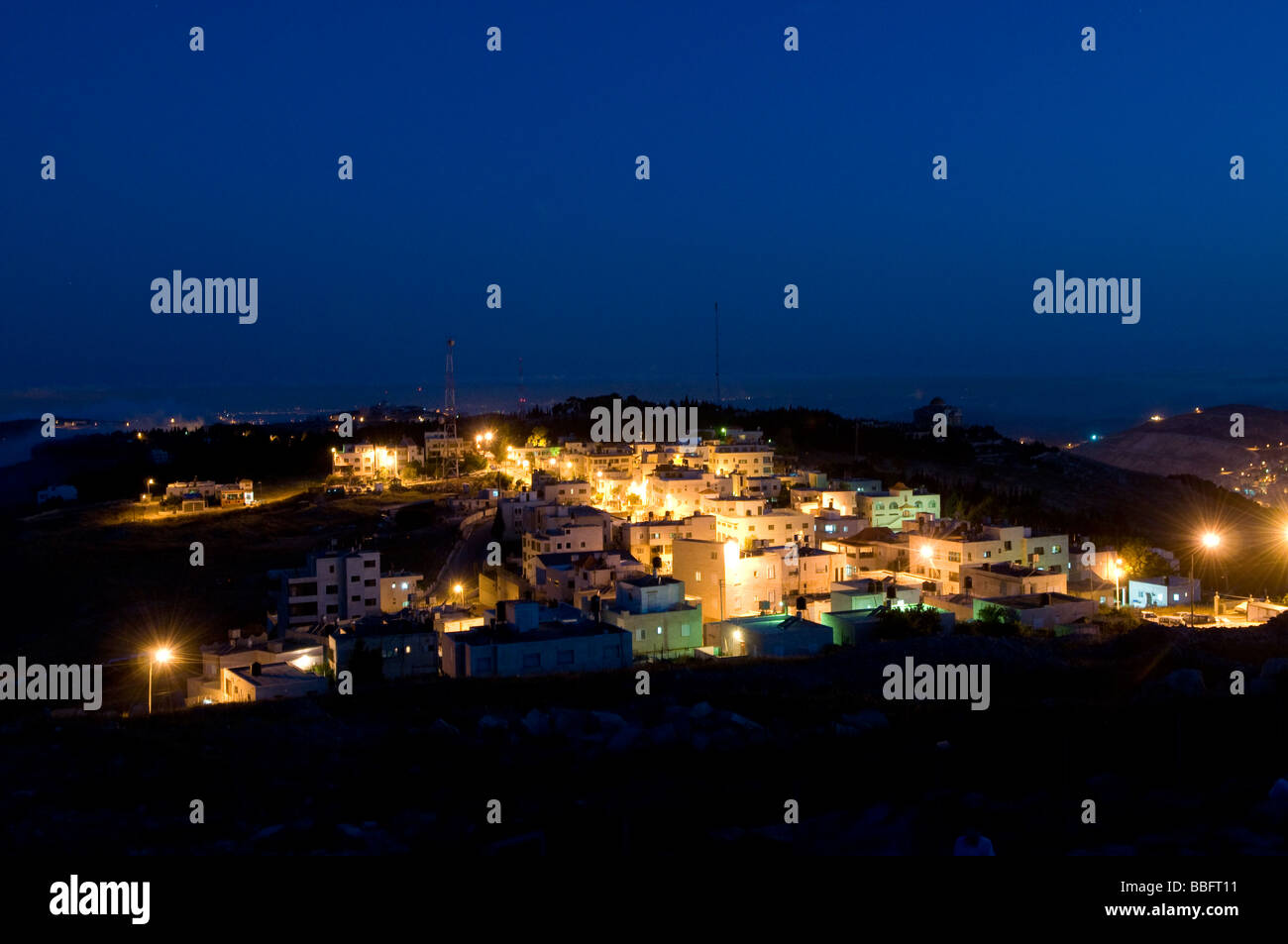 View at twilight of Kiryat Luza a Samaritan village on Mount Gerizim ...