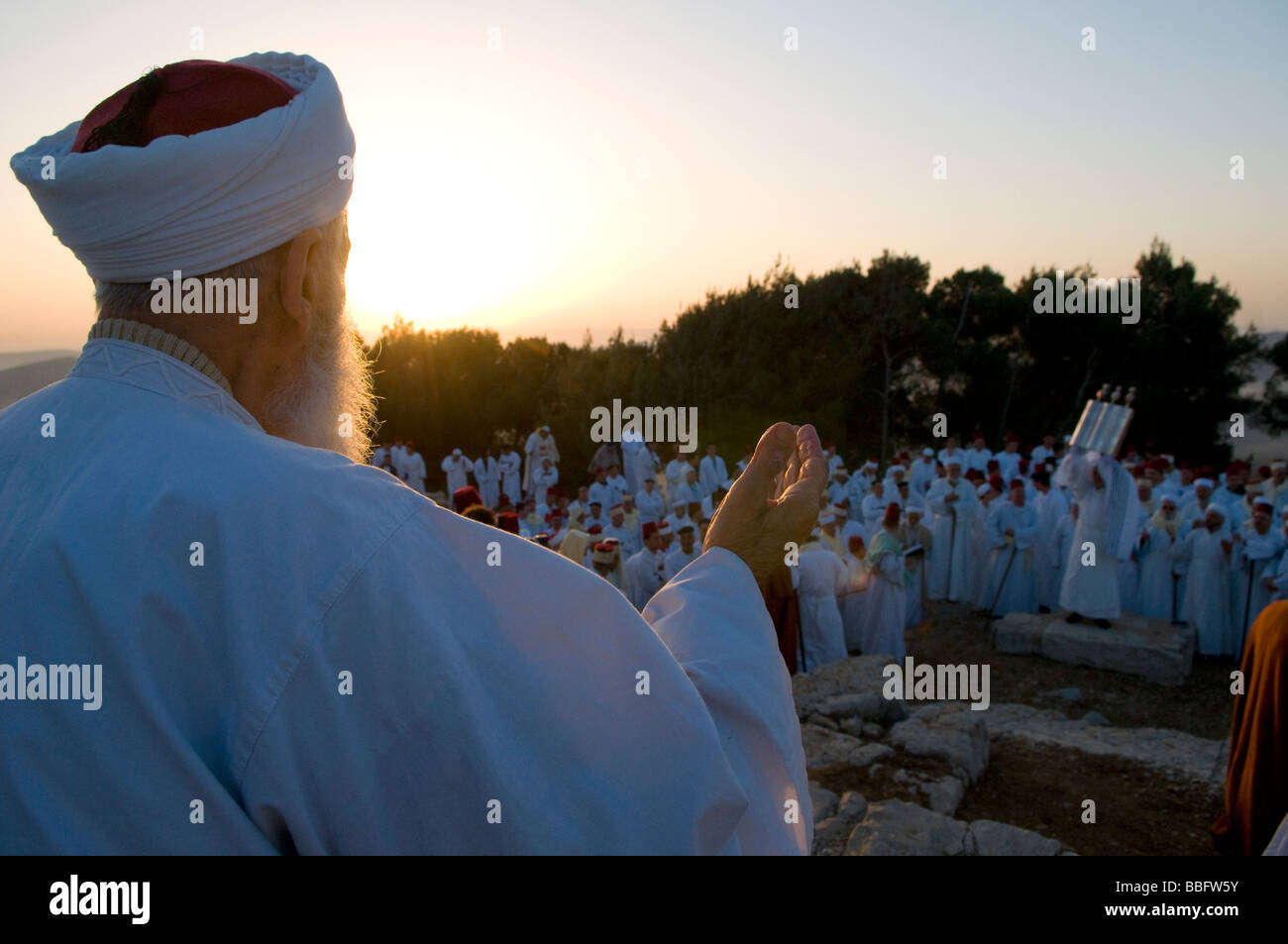 A Samaritan high priest raises a Torah scroll during Shavuot or Feast ...