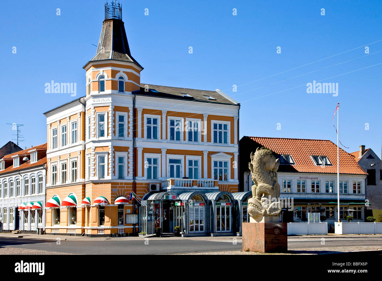 Sculpture of a whale fish at the harbour of Svendborg, Funen, Denmark ...