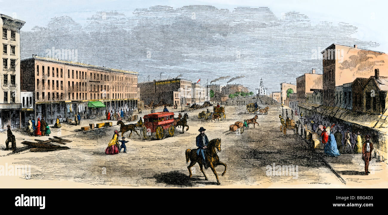 Randolph Street, Chicago, in the 1850s. Hand-colored woodcut Stock ...