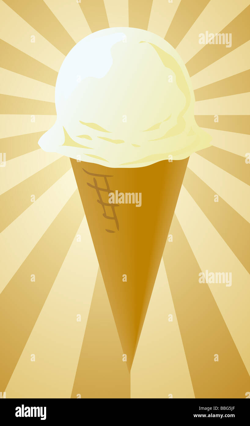 Ice cream cone illustration vanilla scoop on radial burst background ...