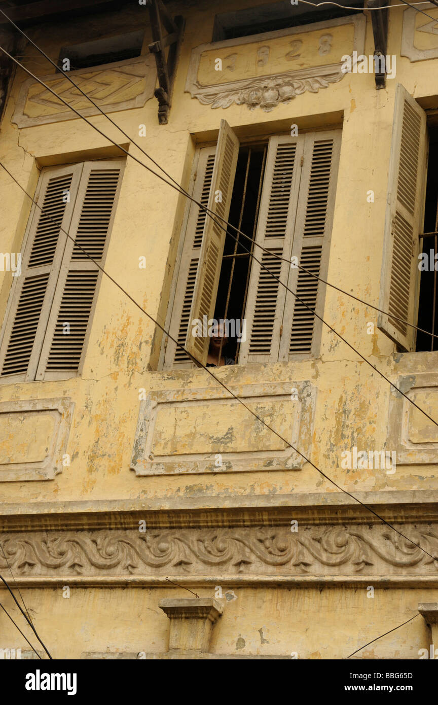 Yellow building in Old Quater, Hanoi, vietnam Stock Photo - Alamy