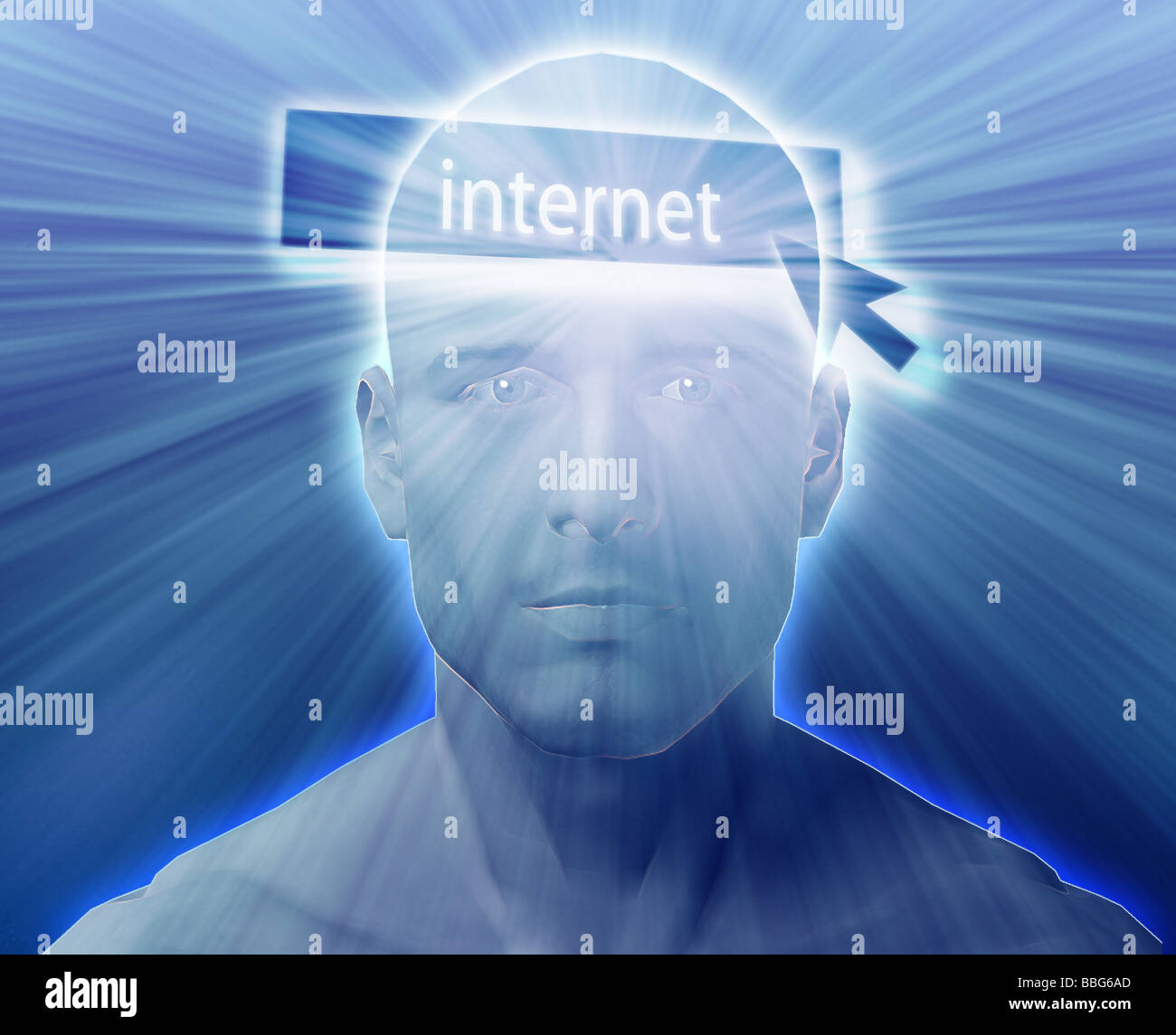 Man thinking about internet clicking floating over head Stock Photo - Alamy