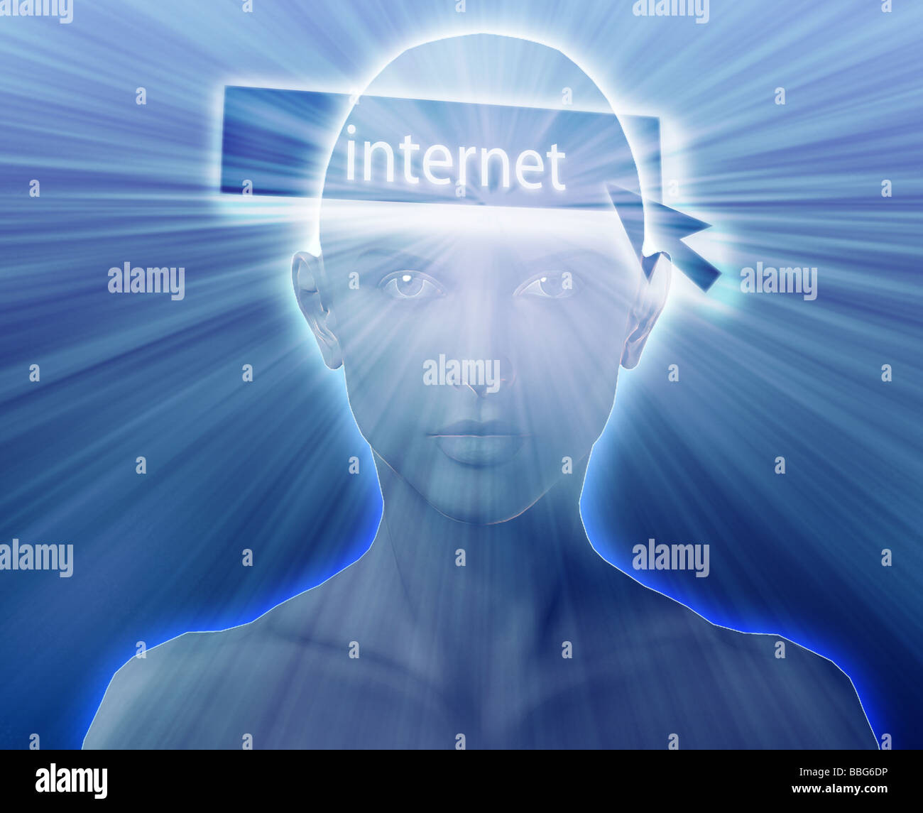 Woman thinking about internet clicking floating over head Stock Photo ...