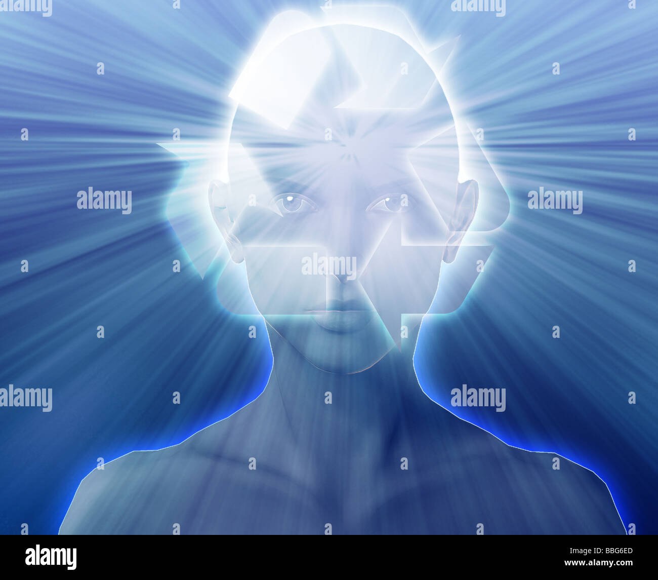 Woman thinking about recycling environment floating over head Stock ...