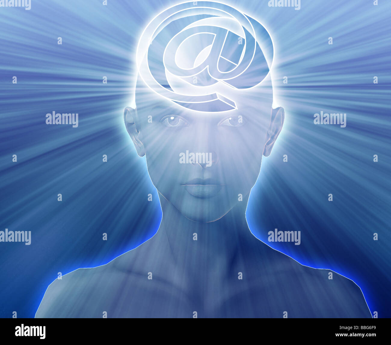 Woman thinking about at internet symbol floating on her head Stock ...