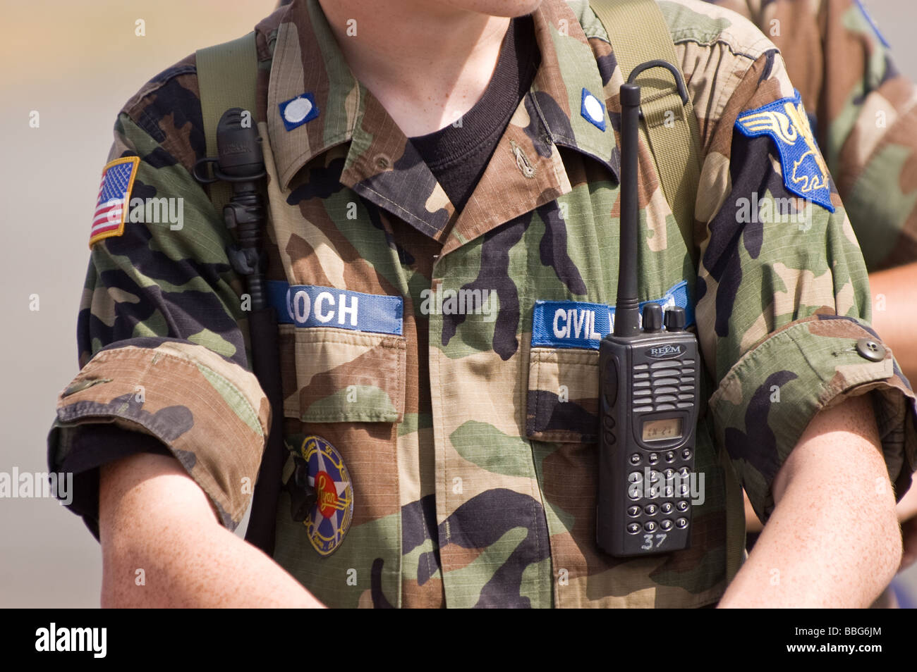 A Civil Defense employee at the Hemet Ryan Air Show, Hemet, California ...