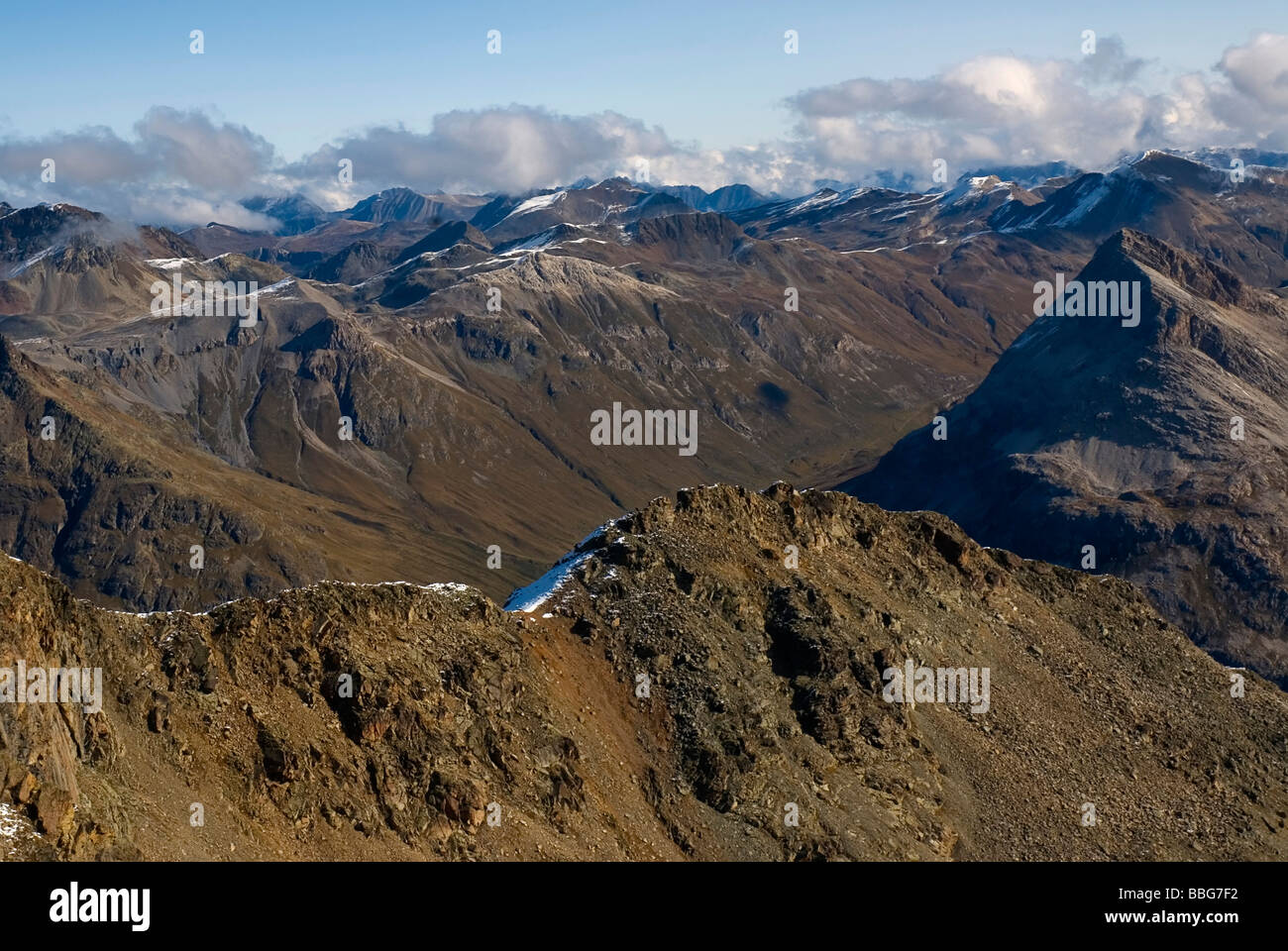 View of the barren mountain peaks and ridges in the Eastern Alps north ...