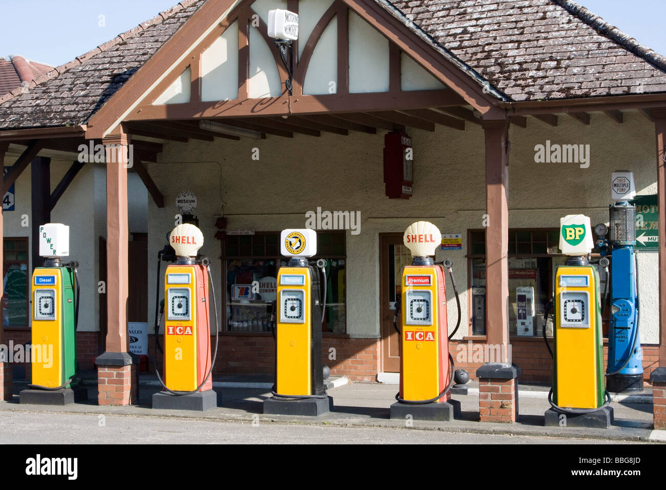museum showing old shell BP petrol pumps devon england uk gb Stock ...