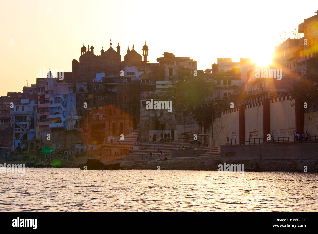 Sunset on the Ghats and the Alamgir Mosque in Varanasi India Stock ...