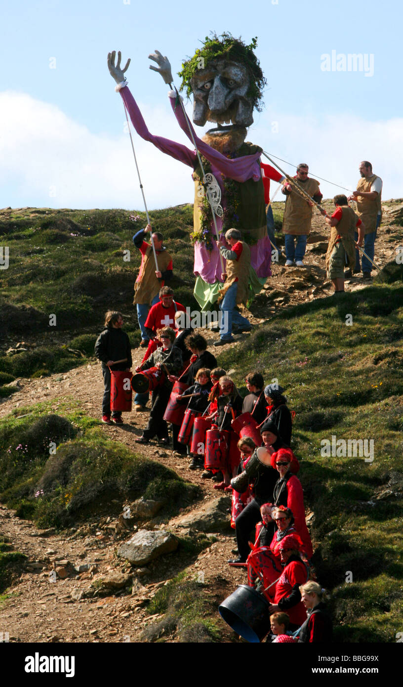 Bolster giant and villagers during Bolster Day, Chapel Porth, St Agnes ...