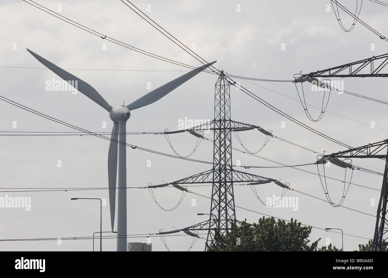 Electricity Pylons part of the National Grid and wind turbines in Essex ...