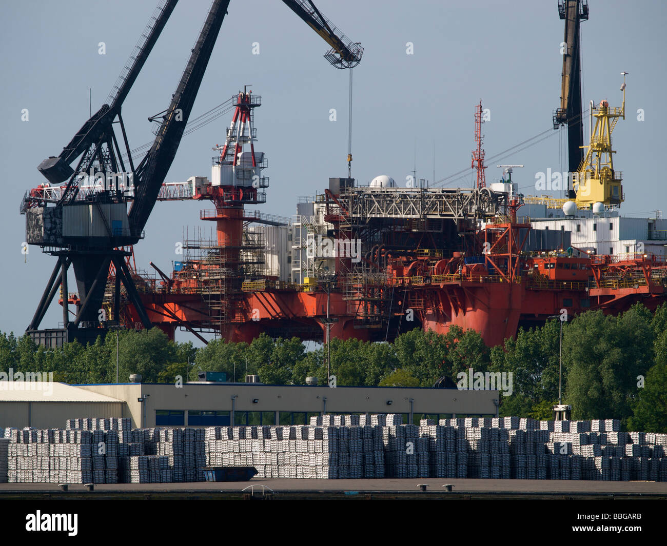 Oil production platform being renovated in the port of Rotterdam with ...