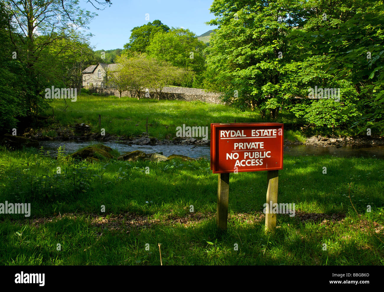 River Rothay and 'Private' sign near Pelter Bridge, Rydal, near ...