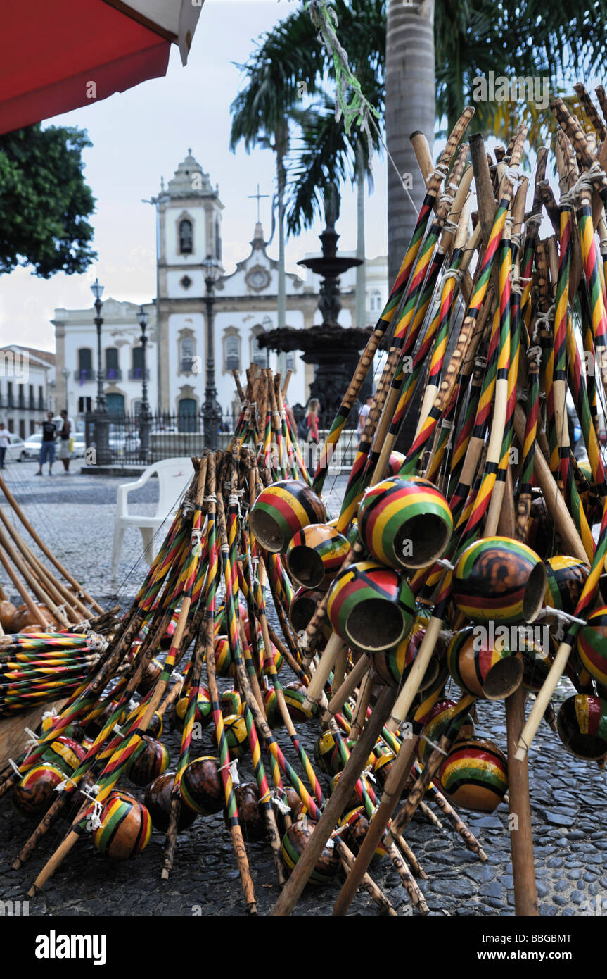 Traditional instrument Birimbao and church Igreja da Ordem Terceira de ...