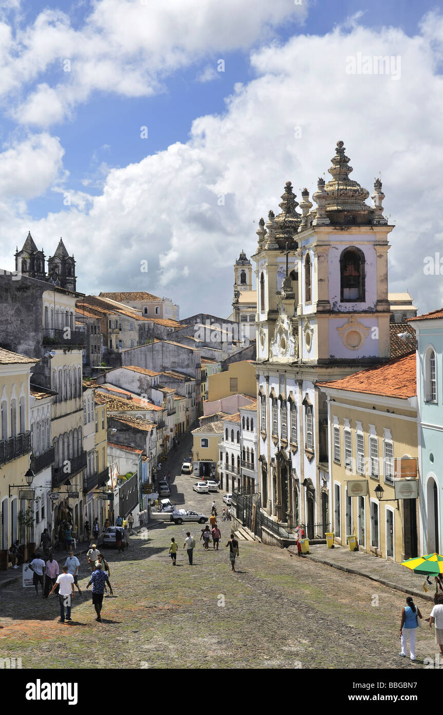 Largo do Pelourinho square and church Igreja do Rosário dos Pretos, Salvador, Bahia, UNESCO ...