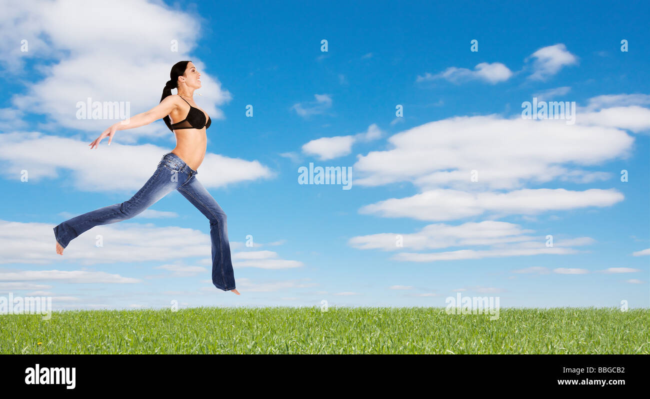 Young girl try a fly in summer day Stock Photo - Alamy