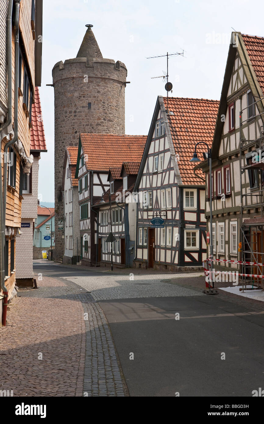 View of the Leonhardt Tower, historic town, Alsfeld, Hesse, Germany ...