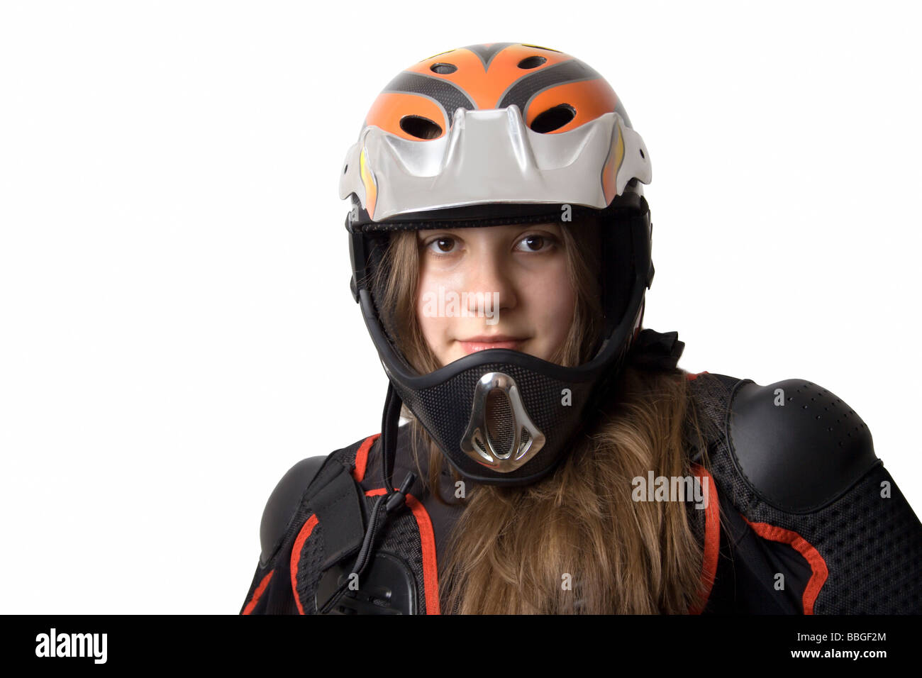 Extream girl in body armour with full face helmet isolate Stock Photo ...