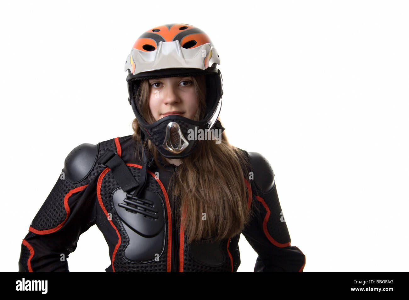 Extream girl in body armour with full face helmet isolated Stock Photo ...